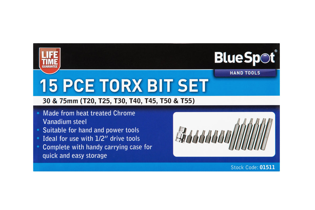 Blue Spot 15 Piece 1/2" Torx Bit Set (T20-T55) – Just The Job Supplies Ltd