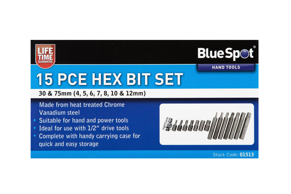 Blue Spot 15 Piece 1/2" Hex Bit Set (H4-H12) – Just The Job Supplies Ltd
